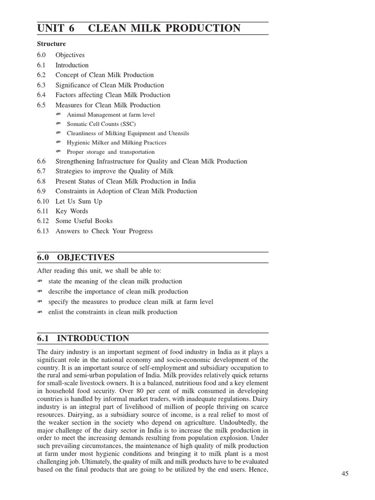 Unit 6 Clean Milk Production: 6.0 Objectives | PDF | Dairy | Milk