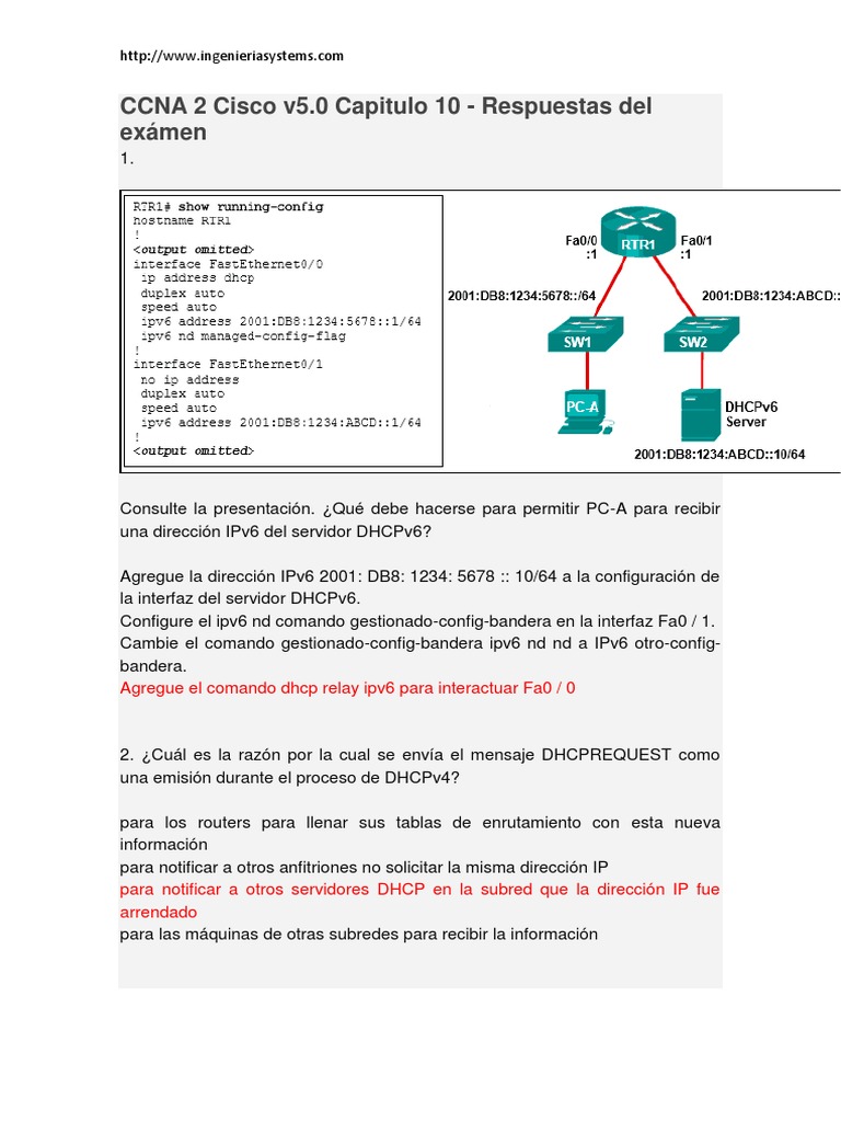 CCNA 2 Cisco v5.0 Capitulo 10 - Respuestas Del Exámen | PDF | Dirección IP | Enrutador (Computación)
