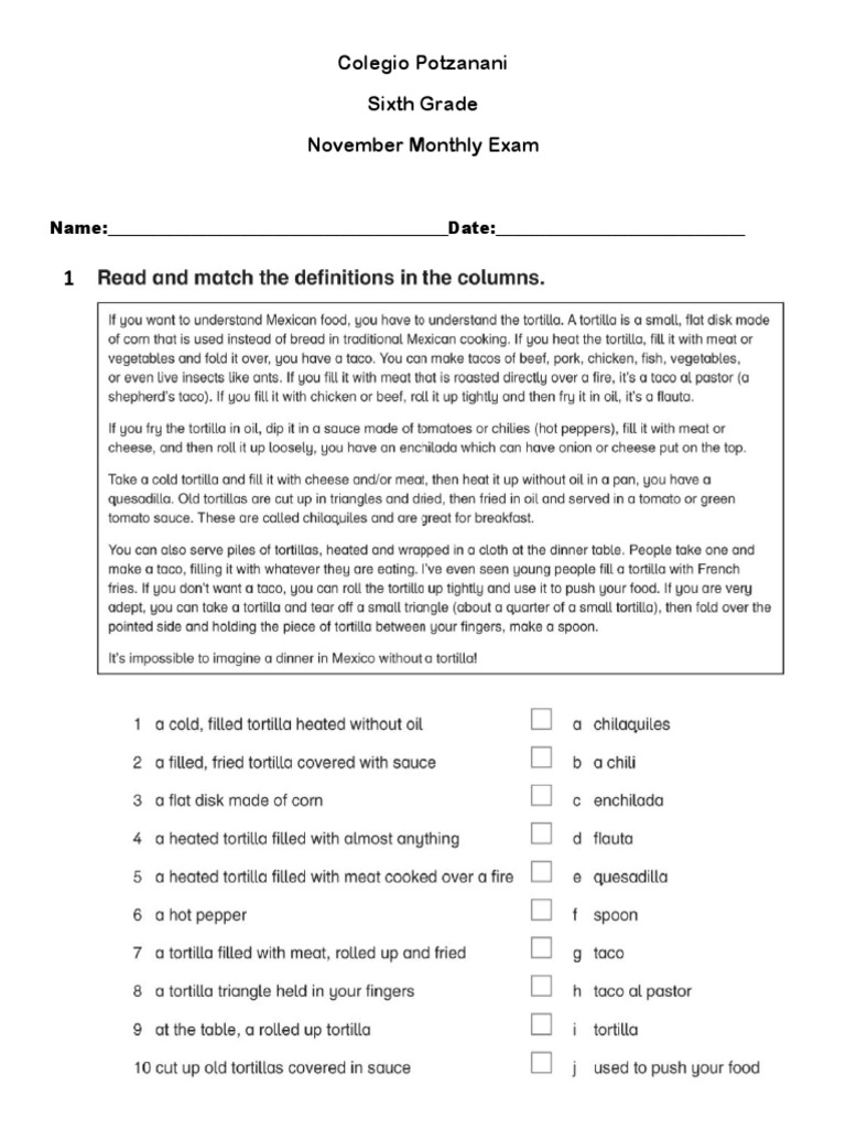 Colegio Potzanani Sixth Grade Exam | PDF