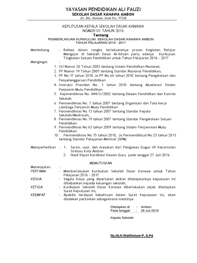 SK Pemberlakuan Kurikulum | PDF