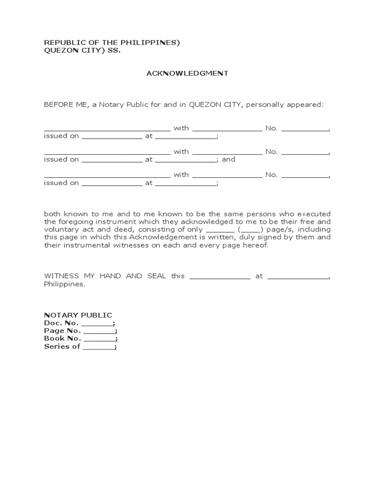 Republic of The Philippines) Quezon City) Ss. Acknowledgment | PDF