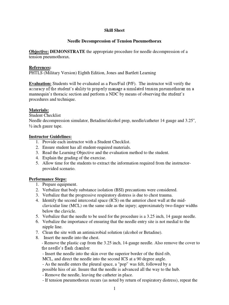 4 Needle Decompression Skill Sheet | PDF | Thorax | Medicine
