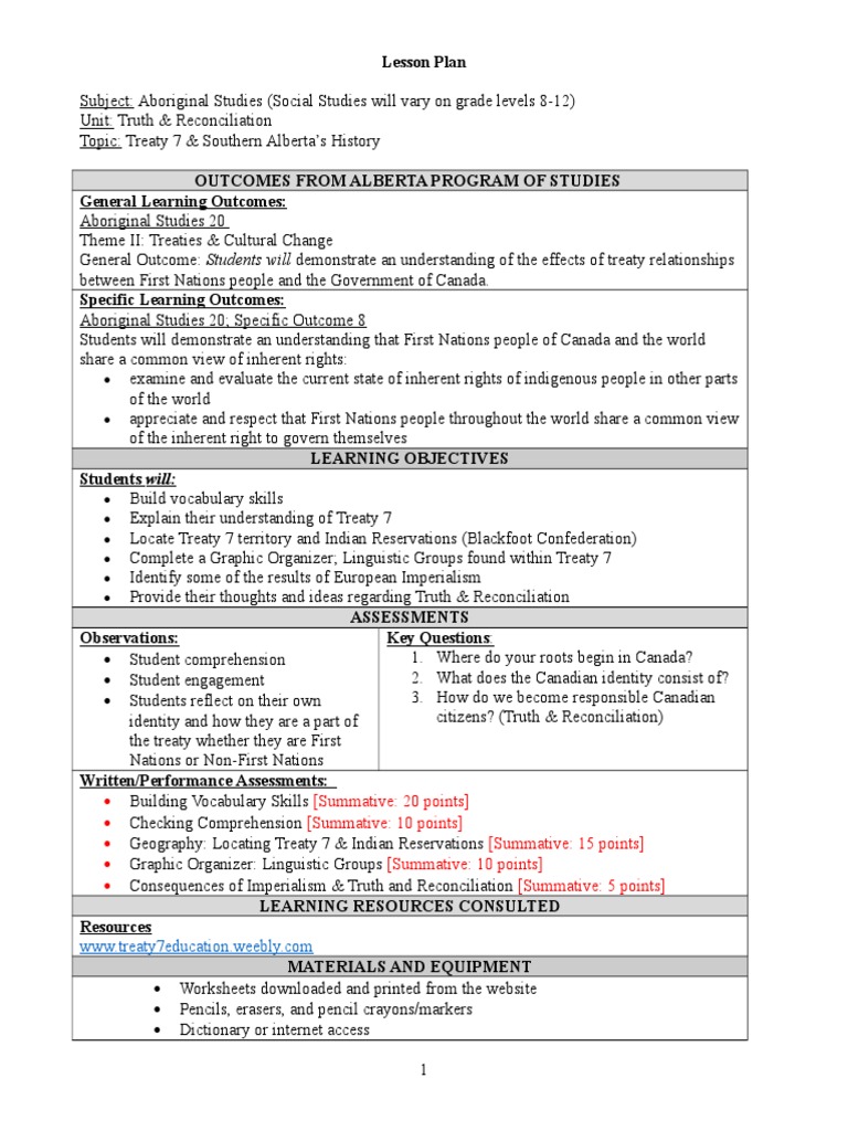 Treaty 7 Lesson Plan | PDF | First Nations | Reading Comprehension