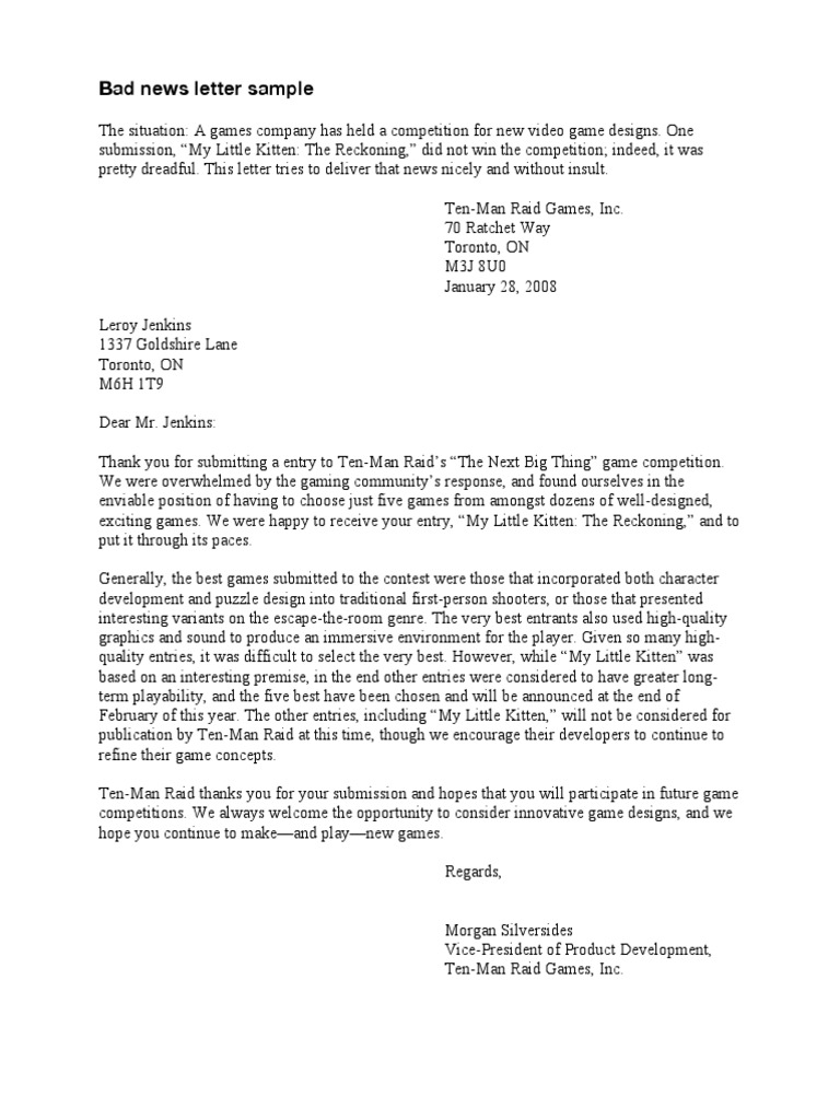 Bad News Letter Sample | PDF | Electronic Games | Leisure Activities