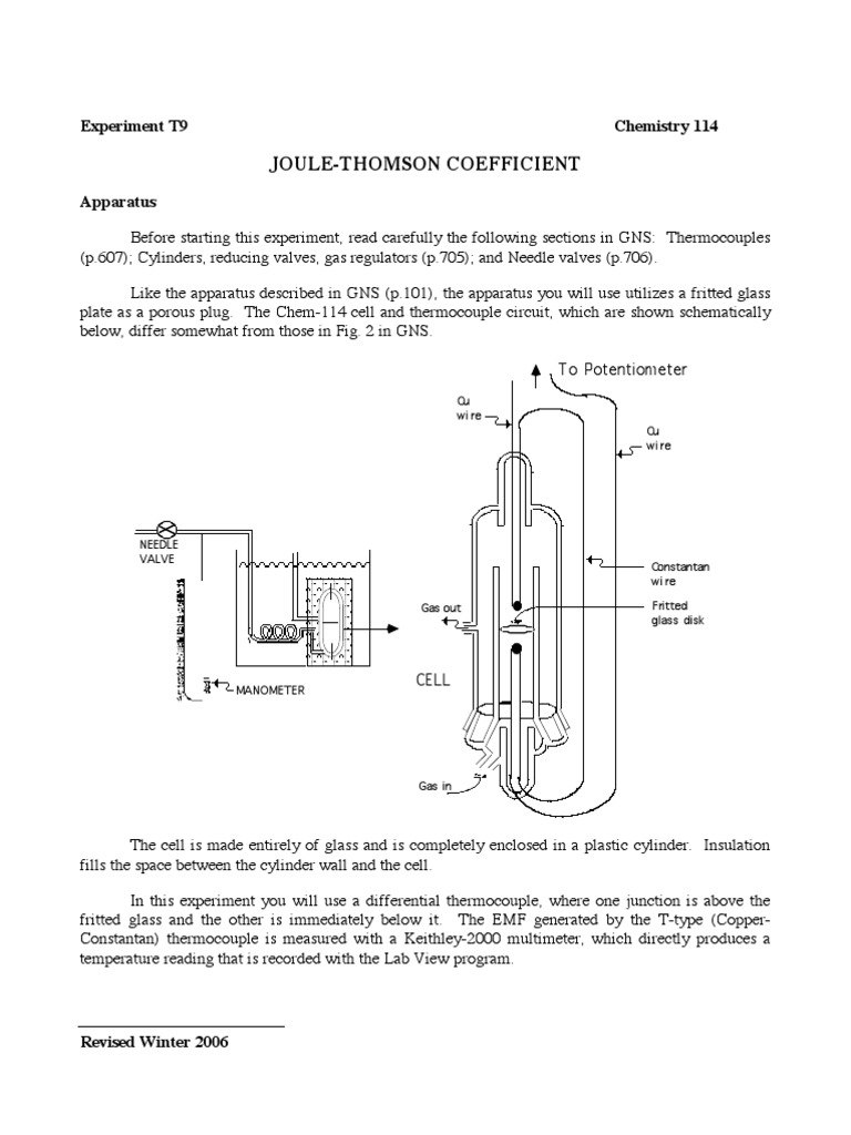 Joule-Thomson Coefficient: Experiment T9 Chemistry 114 | PDF | Gases ...
