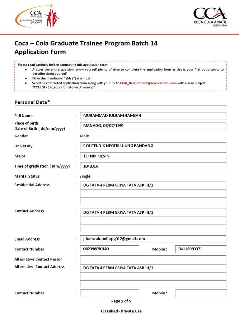 Coca - Cola Graduate Trainee Program Batch 14 Application Form | PDF | Business