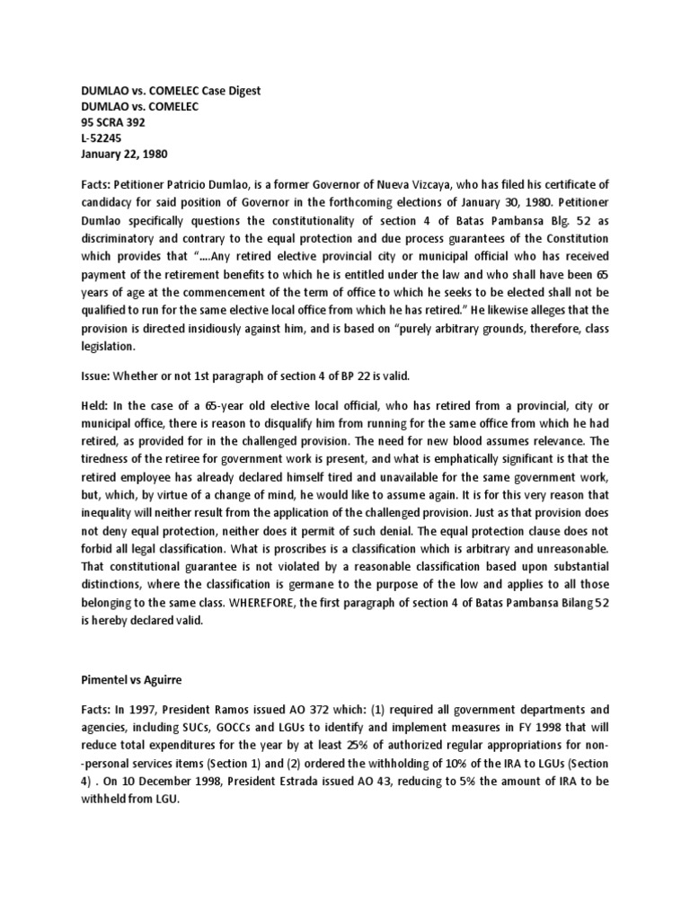 DUMLAO vs. COMELEC Case Digest Dumlao vs. Comelec 95 SCRA 392 L-52245 ...