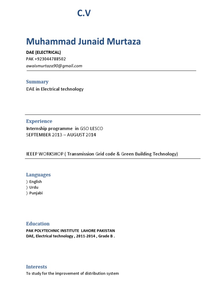C.V Muhammad Junaid Murtaza: DAE in Electrical Technology | PDF