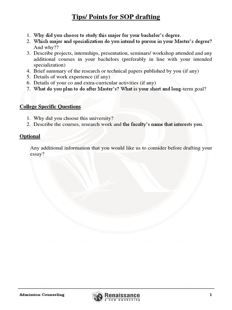 Tips/ Points For SOP Drafting: College Specific Questions | PDF ...
