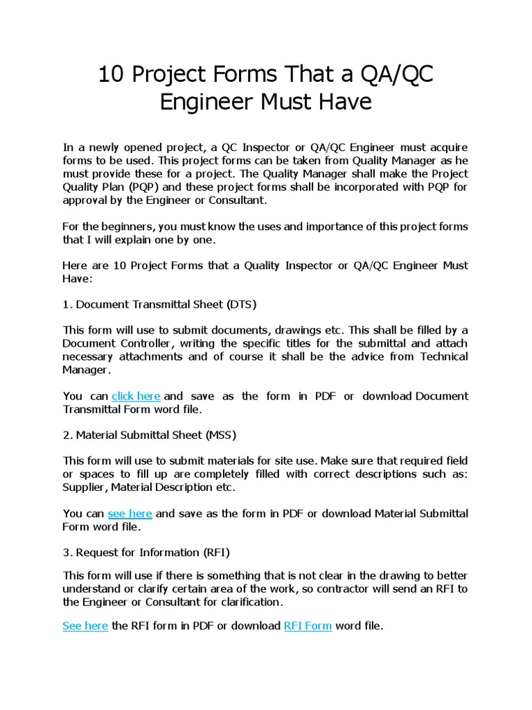 10 Project Forms That A QA-QC Engineer Must Have | PDF | Request For ...