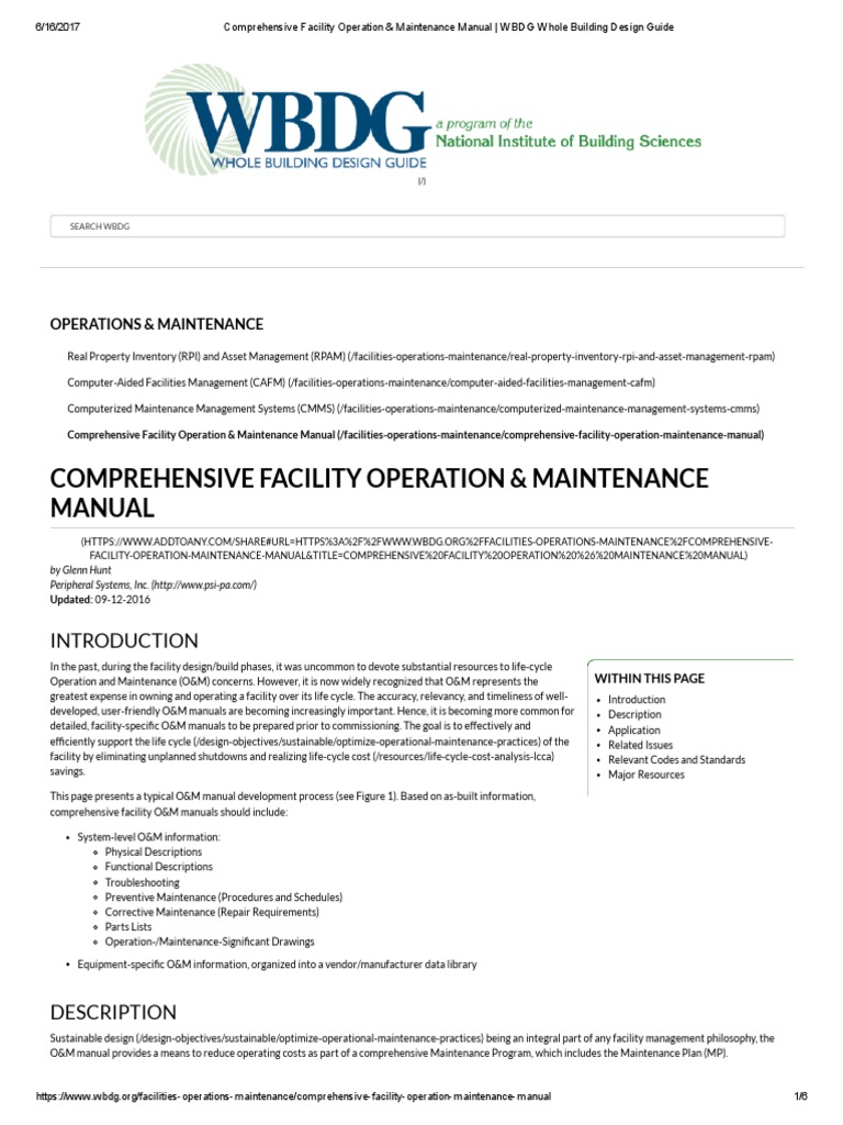 Comprehensive Facility Operation & Maintenance Manual - WBDG Whole ...
