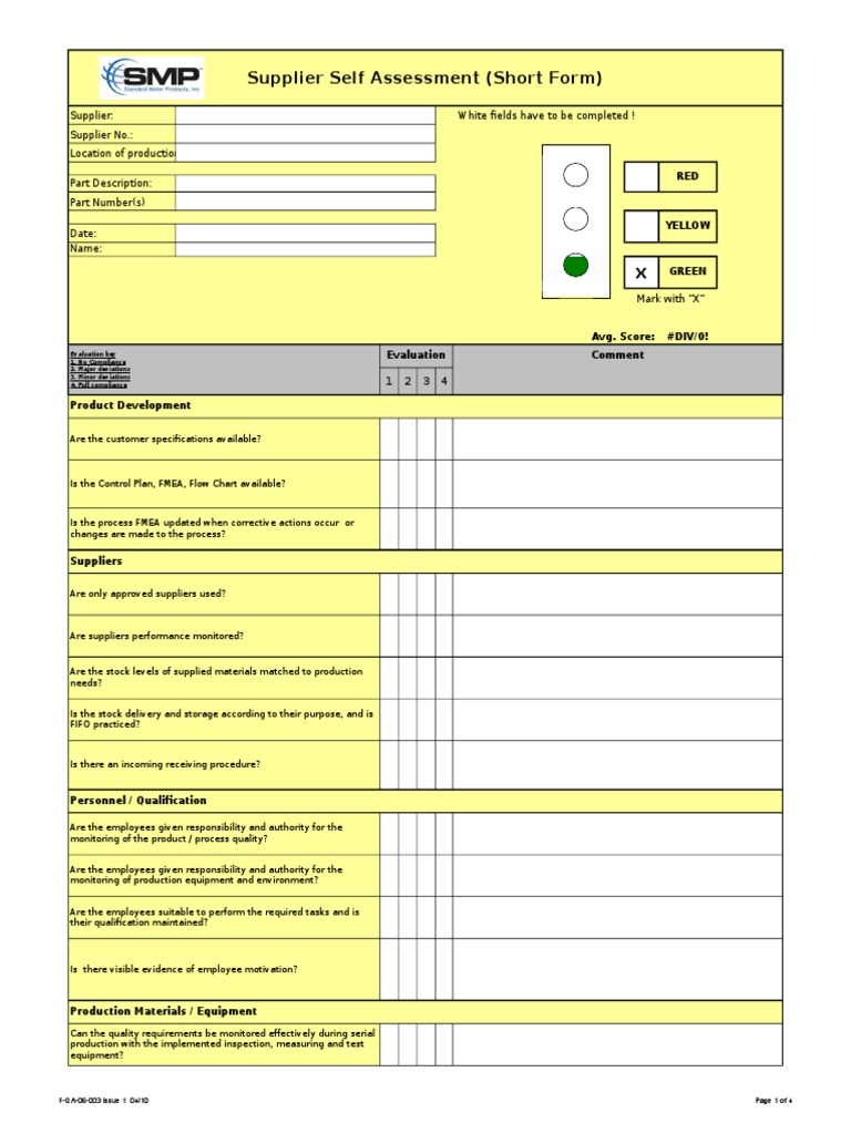 Supplier Self Assessment Short Form | PDF | Audit | Supply Chain