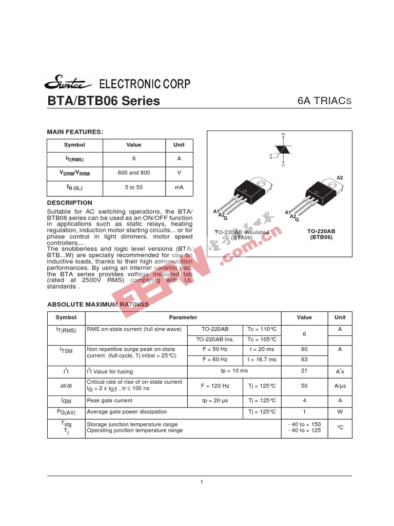 BTA/BTB06 Series: 6A Triac | PDF | Root Mean Square | Electronics