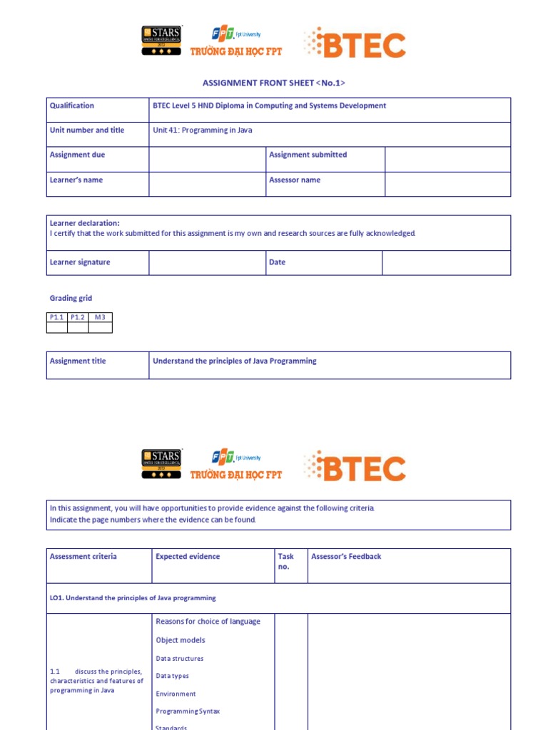 Assignment Front Sheet : Unit 41: Programming in Java | PDF