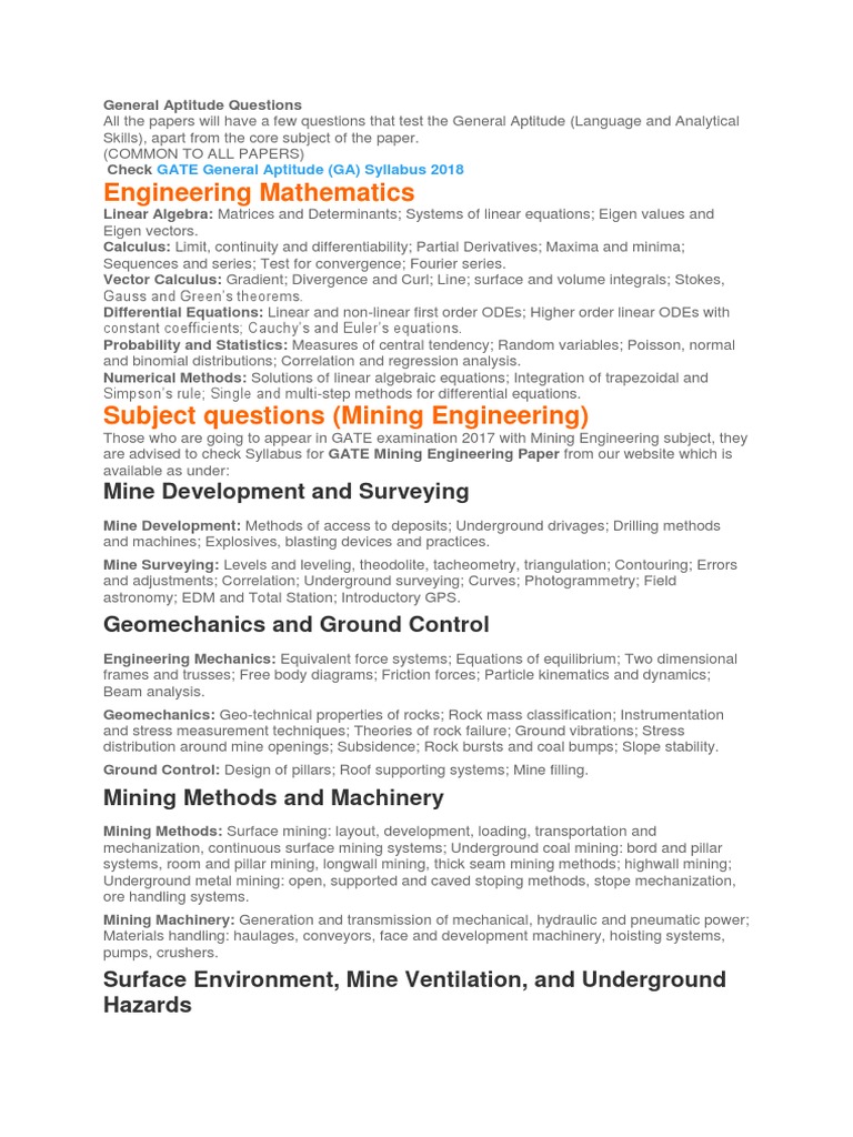 Gate Mining 2018 Syllabus | PDF | Ordinary Differential Equation | Coal ...