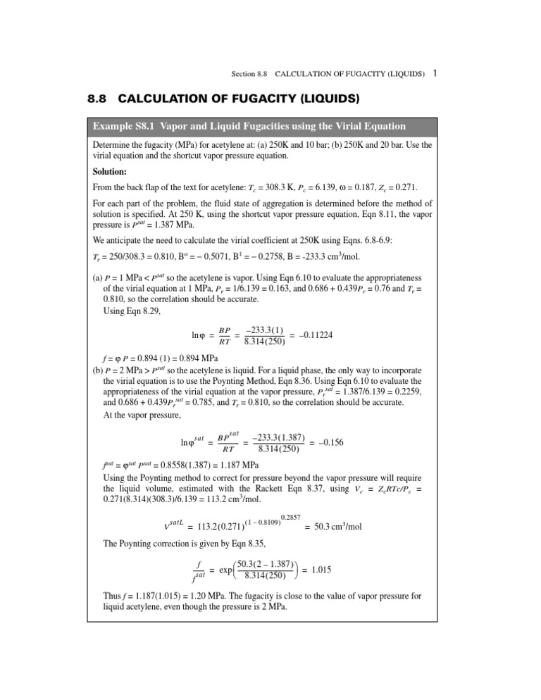 8.8 Calculation of Fugacity (Liquids) : Example S8.1 Vapor and Liquid ...