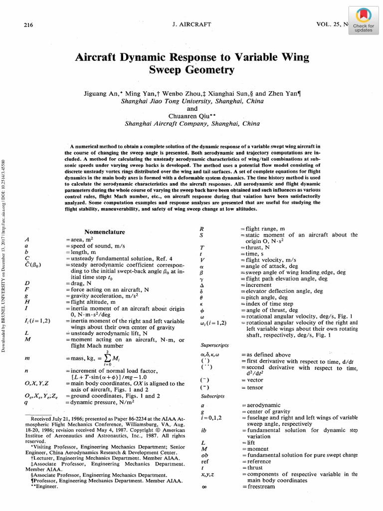 Aircraft Dynamic Response To Variable Wing Sweep Geometry | PDF ...