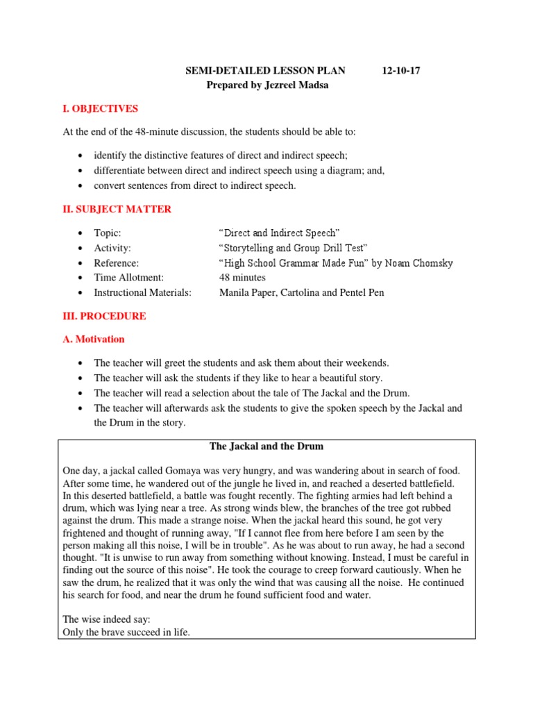 I. Objectives: Semi-Detailed Lesson Plan 12-10-17 Prepared by Jezreel ...