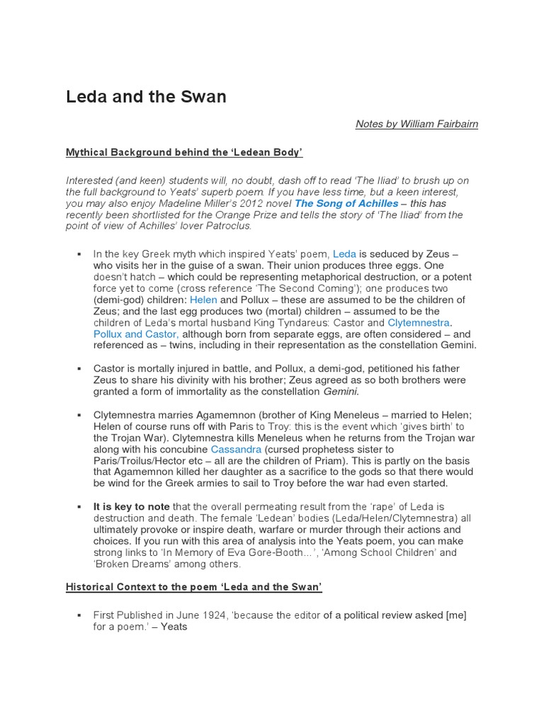 Yeats' Leda: Myth and Analysis | PDF | Helen Of Troy | Clytemnestra