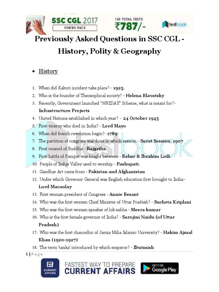 Previously Asked Questions in SSC CGL - History, Polity & Geography ...
