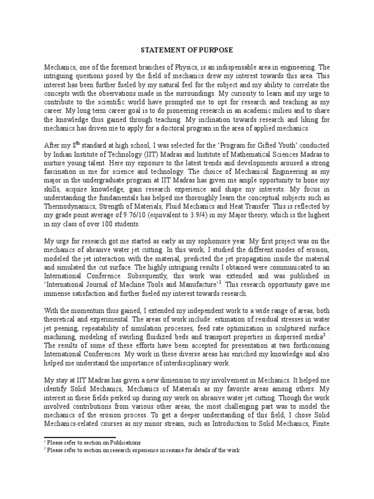 Statement of Purpose for Doctoral Program in Applied Mechanics | PDF ...