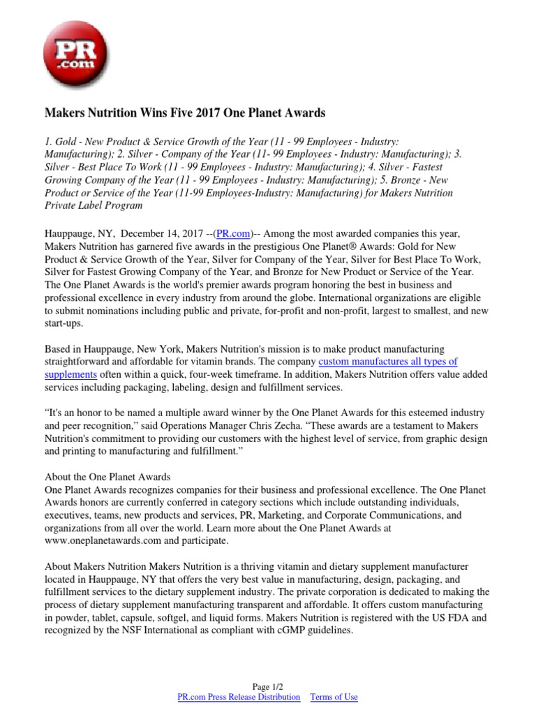 Makers Nutrition Wins Five 2017 One Planet Awards | PDF | Business ...