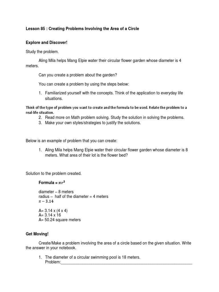 Area Problems for Circular Gardens | PDF | Cognition | Teaching Mathematics