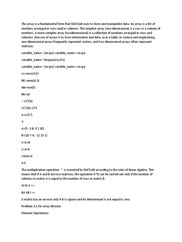The Array Is A Fundamental Form That MATLAB Uses To Store and ...