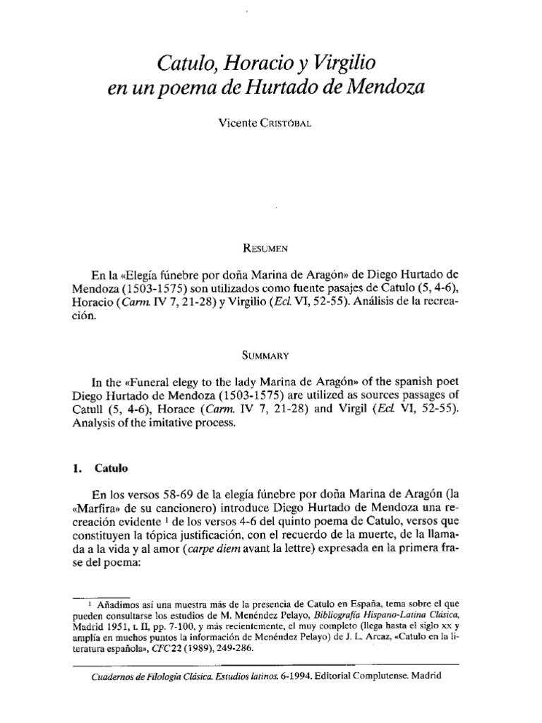 Catulo, Horacio y Virgilio en Hurtado de Mendoza. Vicente Cristóbal PDF ...