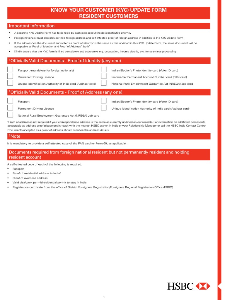 Know Your Customer (Kyc) Update Form Resident Customers: Important Information | Download Free ...