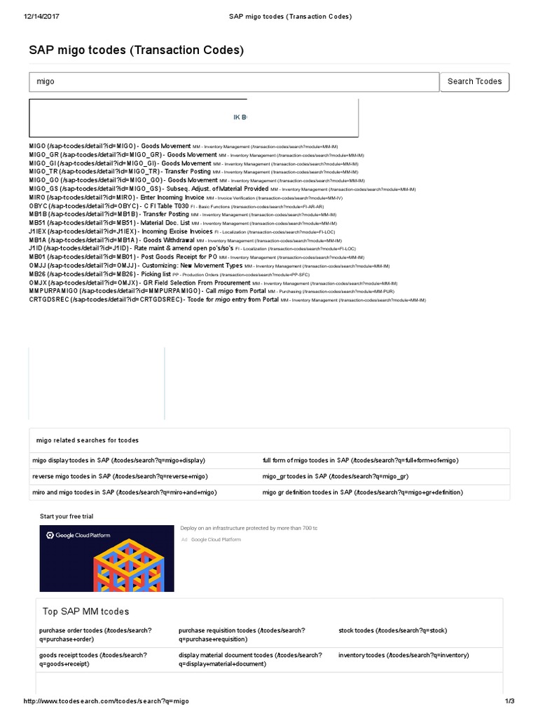 SAP migo tcodes (Transaction Codes)