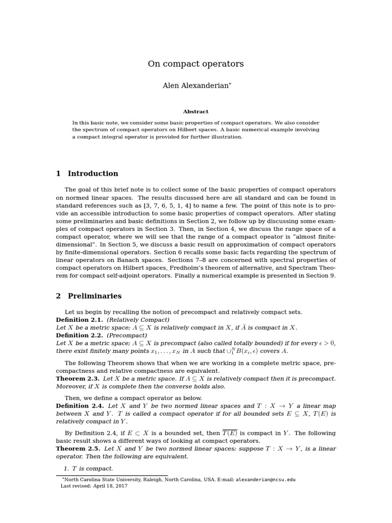 On Compact Operators Pdf Operator Mathematics Functional Analysis