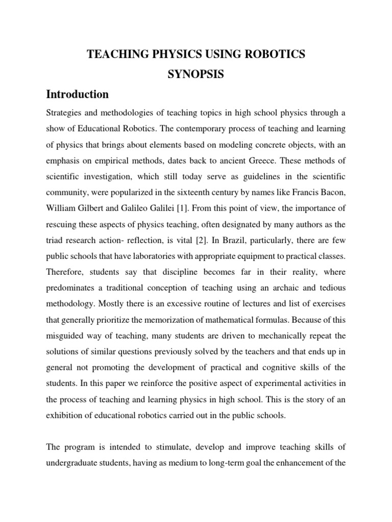Teaching Physics Using Robotics Synopsis | PDF | Robot | Robotics
