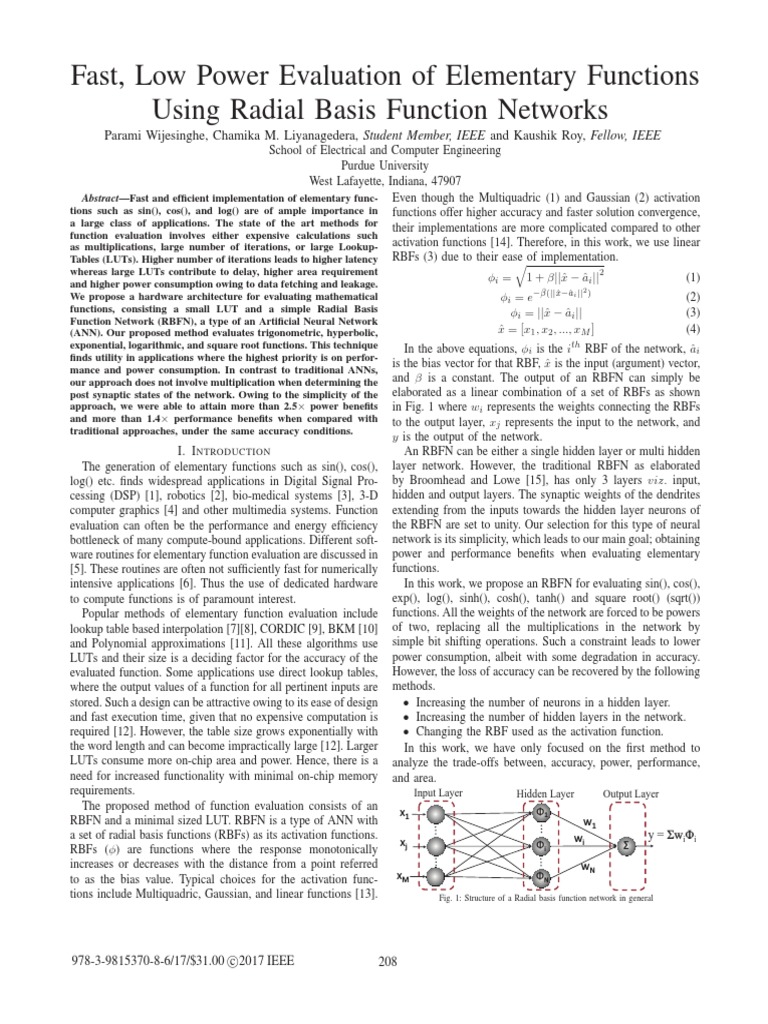 Fast, Low Power Evaluation of Elementary Functions Using Radial Basis Function Networks | PDF ...