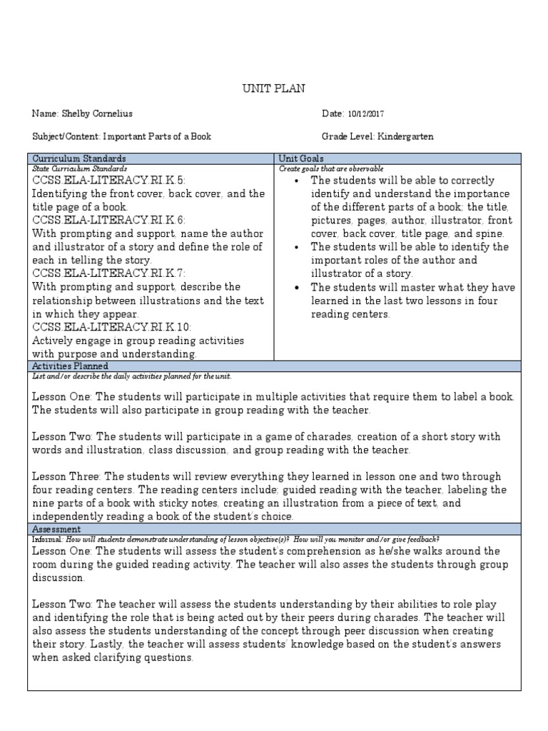 Unit Plan Reading | PDF | Educational Assessment | Teachers