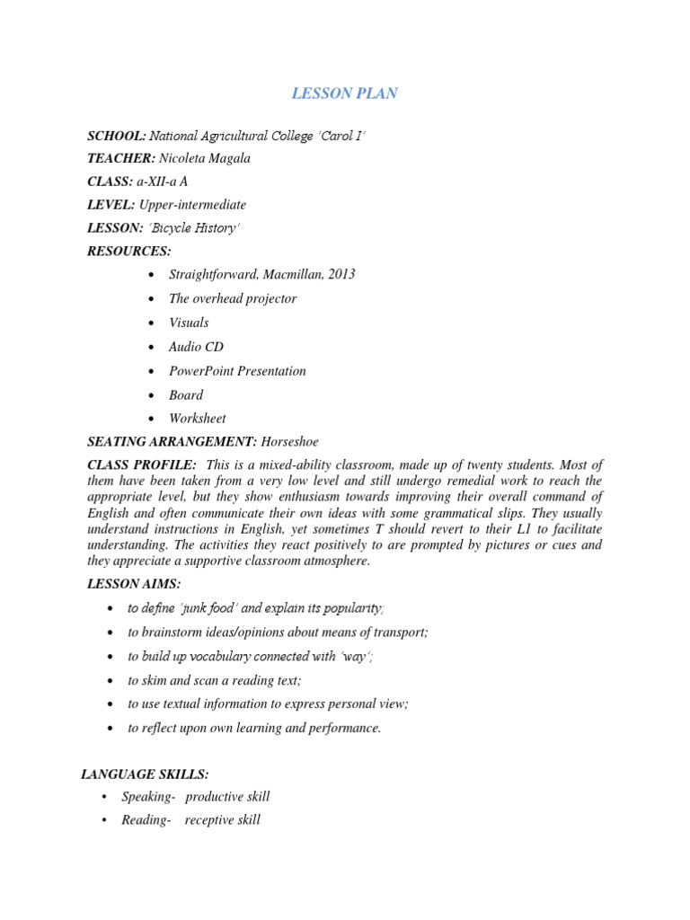 LESSON PLAN Bicycle History | PDF | Classroom | Lesson Plan