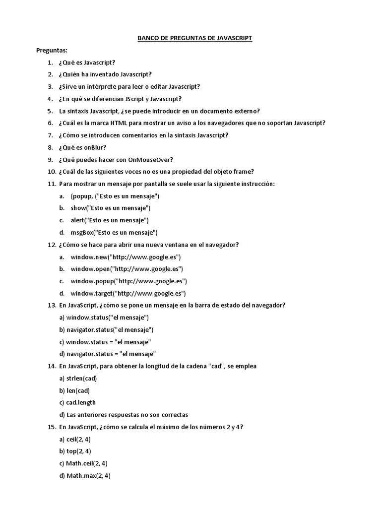 Preguntas y Ejercicios de JavaScript | PDF | Script Java | Desarrollo web