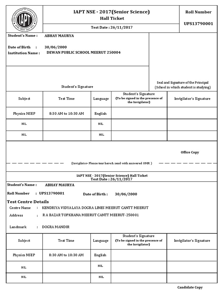IAPT NSE 2017 Hall Ticket Details | PDF | Birth Certificate | Test ...
