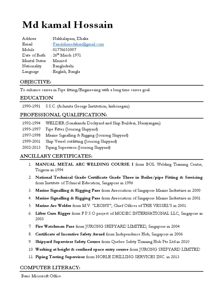 CV - Kamal | PDF | Shipyard | Pipe (Fluid Conveyance)
