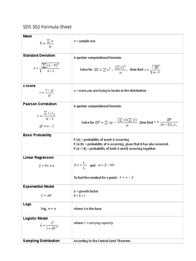 SDS 302 Formula Sheet: N X X SS | PDF | Standard Error | Errors And Residuals