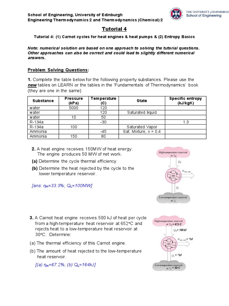 Tutorial 4 - Carnot and Introduction To Entropy | PDF | Heat ...