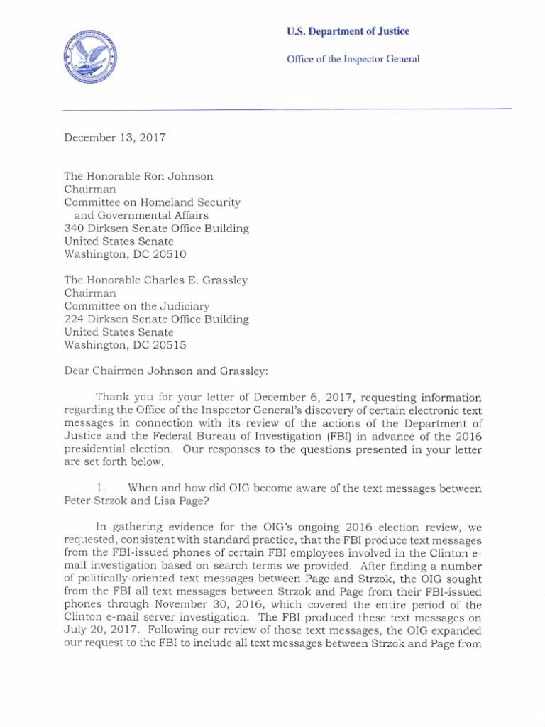 OIG Letter To Congress Explaining Strzok and Page Text Messaging Origin ...