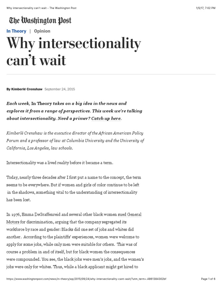Crenshaw, Why Intersectionality Can't Wait | PDF | Intersectionality | Sexism