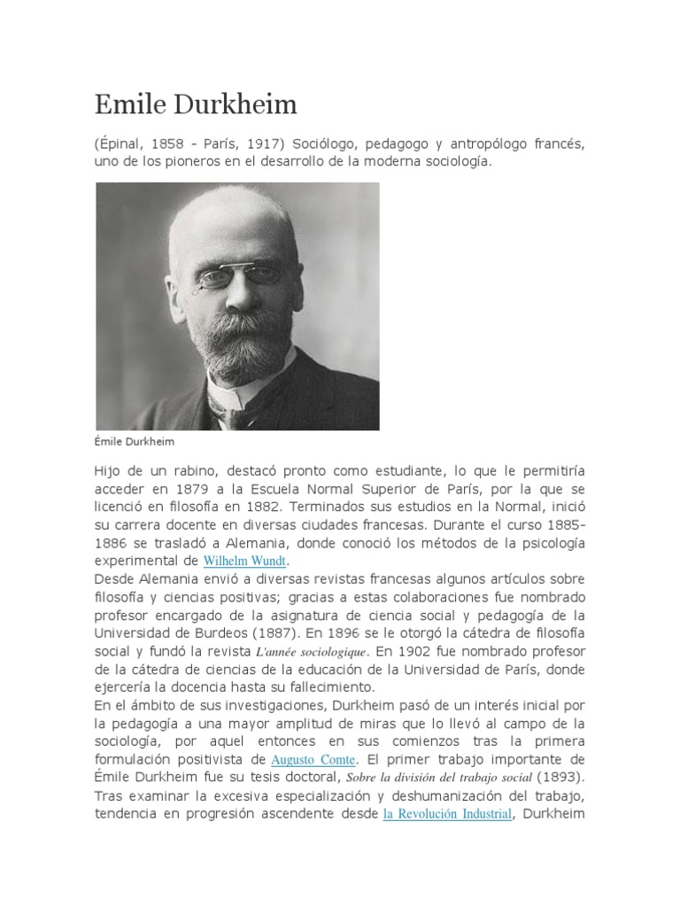 Biografia de Emile Durkheim | PDF | Emile Durkheim | Interacciones de disciplina académica