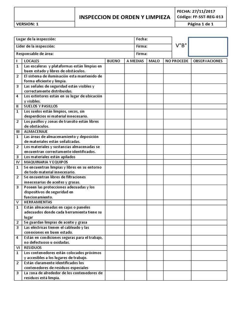 Check List de Inspeccion de Orden y Limpieza | PDF