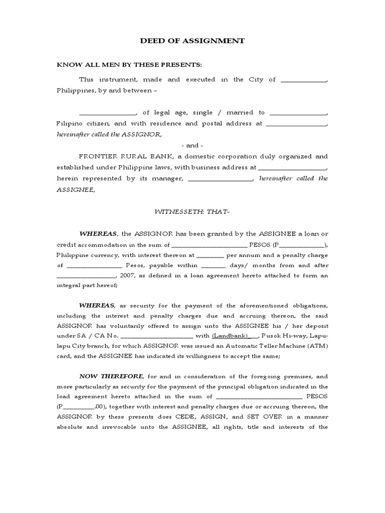 Deed of Assignment | PDF | Assignment (Law) | Common Law