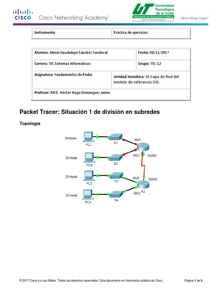 8.1.4.7 Packet Tracer - Subnetting Scenario 1 | PDF | Red de ...