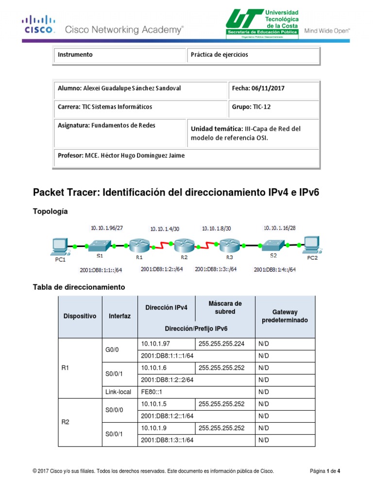 7.3.2.5 Packet Tracer - Verifying IPv4 and IPv6 Addressing | Descargar gratis PDF | Yo Pv6 ...