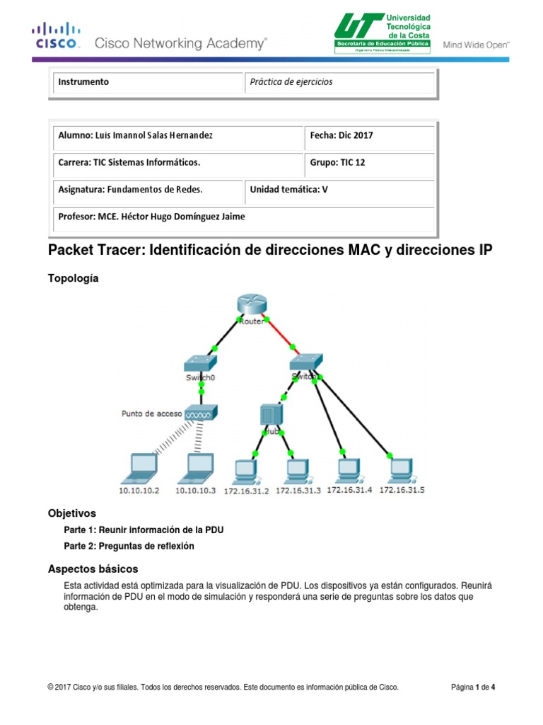 5.3.1.3 Packet Tracer - Identify MAC and IP Addresses | PDF | Enrutador (Computación) | Punto de ...