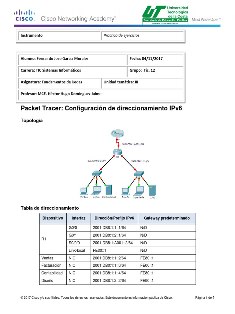 7.2.4.9 Packet Tracer - Configuring IPv6 Addressing | PDF | Dirección IP | Yo Pv6